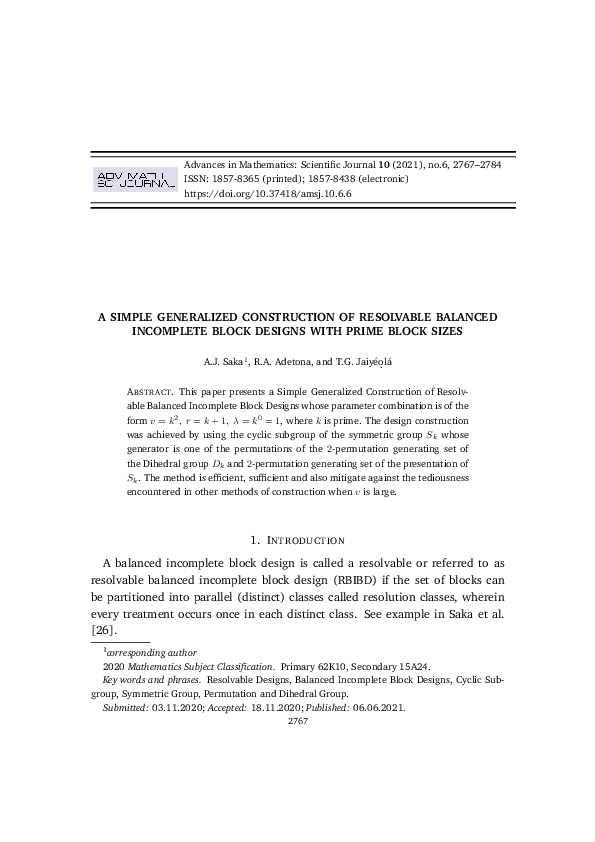 (PDF) A Simple Generalized Construction of Resolvable Balanced Incomplete Block Designs with ...