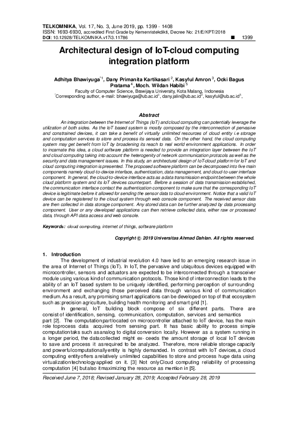 (PDF) Architectural design of IoT-cloud computing integration platform