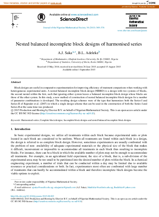 (PDF) Nested balanced incomplete block designs of harmonised series