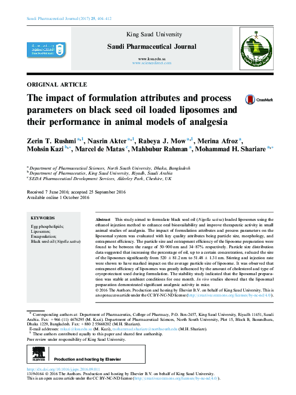 Pdf The Impact Of Formulation Attributes And Process Parameters On Black Seed Oil Loaded