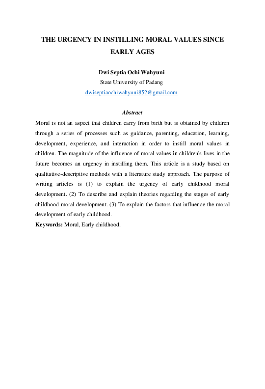 (PDF) INSTILLING MORAL VALUES SINCE EARLY AGES