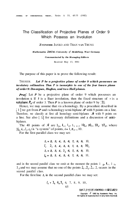 (PDF) The classification of projective planes of order 9 which possess an involution
