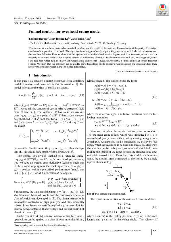 (PDF) Funnel control for overhead crane model