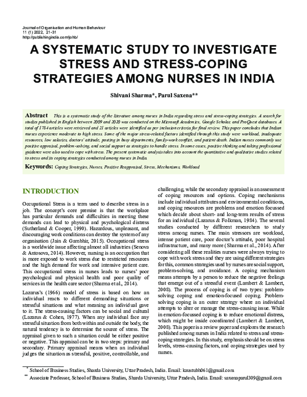 (PDF) A Systematic Study to Investigate Stress and Stress Coping Strategies among Nurses in India