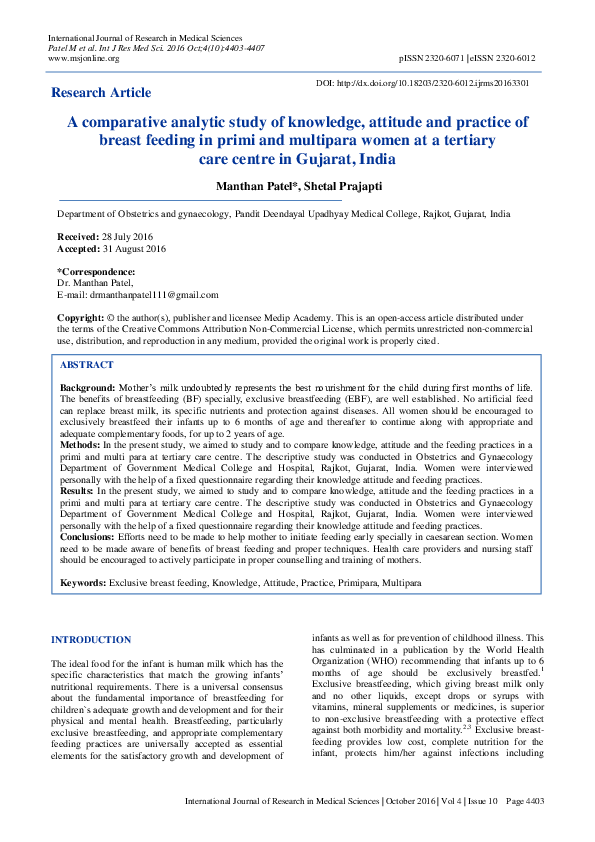 (PDF) A comparative analytic study of knowledge, attitude and practice of breast feeding in ...