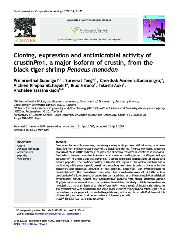 (PDF) Cloning, expression and antimicrobial activity of crustinPm1, a ...