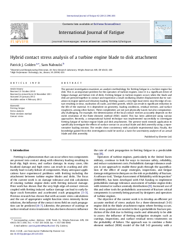 (PDF) Hybrid contact stress analysis of a turbine engine blade to disk ...