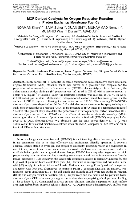 (PDF) MOF Derived Catalysts for Oxygen Reduction Reaction in Proton ...