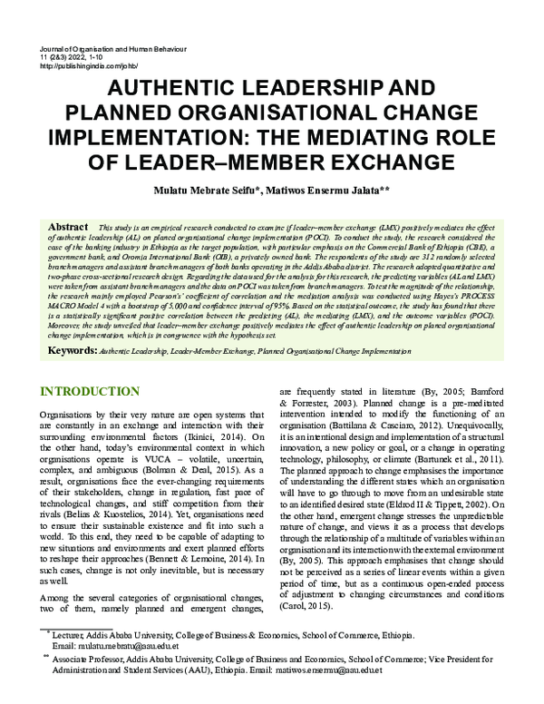 (PDF) Authentic Leadership and Planned Organisational Change Implementation The Mediating Role ...