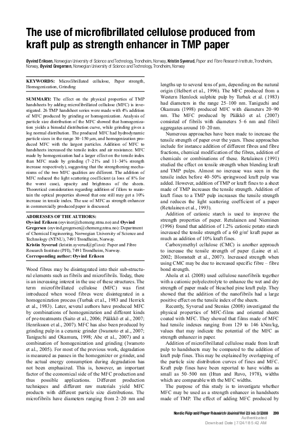 (PDF) The use of microfibrillated cellulose produced from kraft pulp as ...