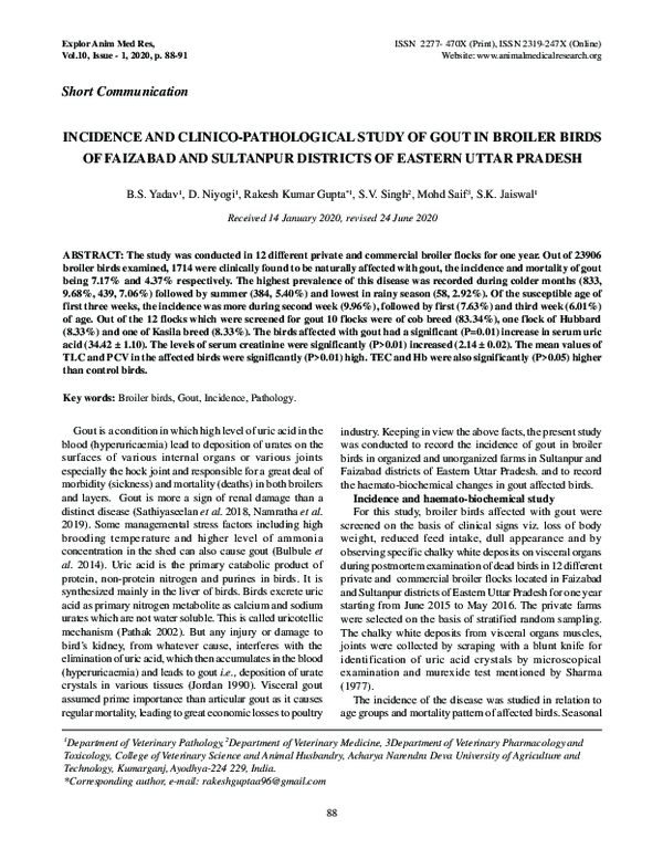 (PDF) Incidence and Clinico-Pathological Study of Gout in Broiler Birds ...