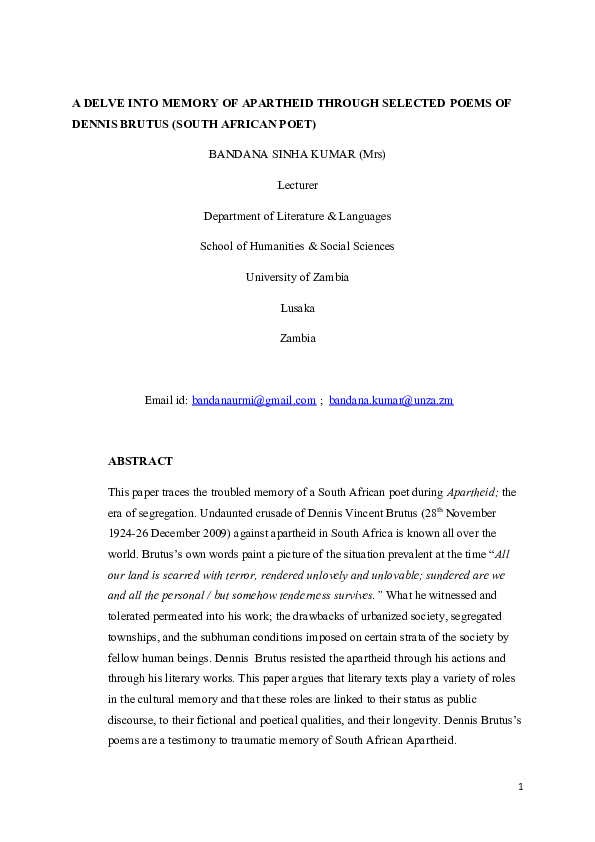 (DOC) A DELVE INTO MEMORY OF APARTHEID THROUGH SELECTED POEMS OF DENNIS ...