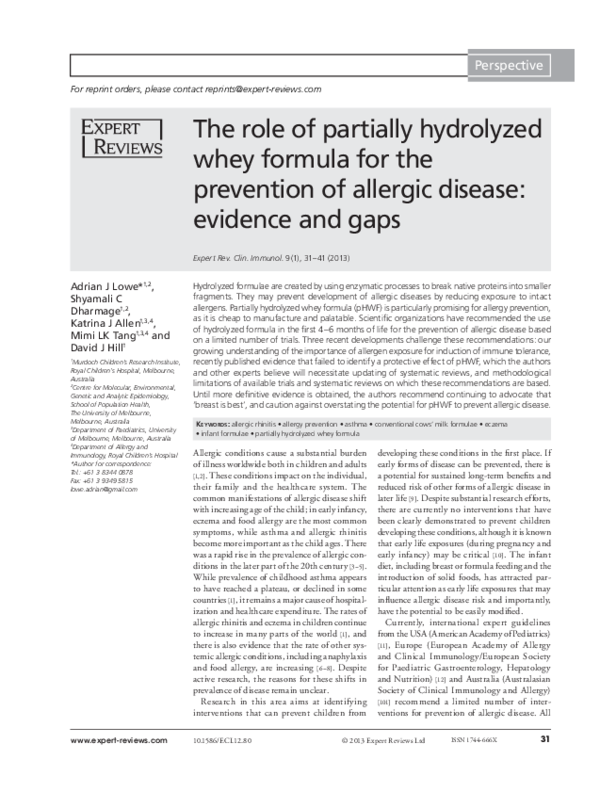 (PDF) The role of partially hydrolyzed whey formula for the prevention ...