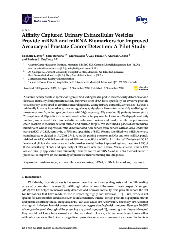(PDF) Affinity Captured Urinary Extracellular Vesicles Provide mRNA and miRNA Biomarkers for ...