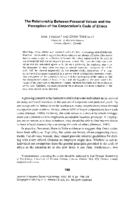 (PDF) The Relationship Between Personal Values and the Perception of the Corporation's Code of ...