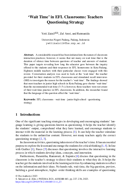 (PDF) ‘Wait Time’ in EFL Classrooms: Teachers Questioning Strategy