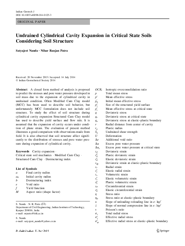 (PDF) Undrained Cylindrical Cavity Expansion in Critical State Soils ...