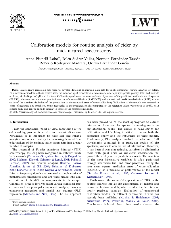 Pdf Calibration Models For Routine Analysis Of Cider By Mid Infrared Spectroscopy