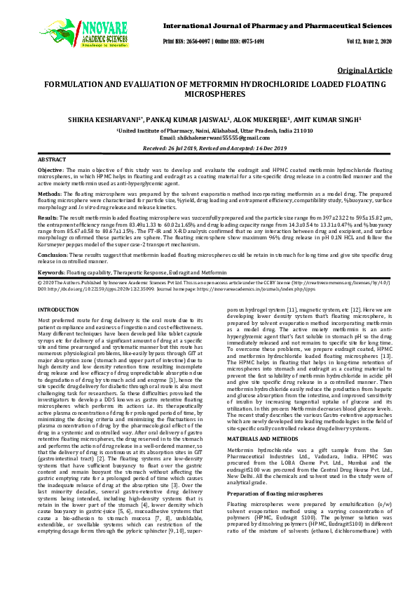 Pdf Formulation And Evaluation Of Metformin Hydrochloride Loaded Floating Microspheres