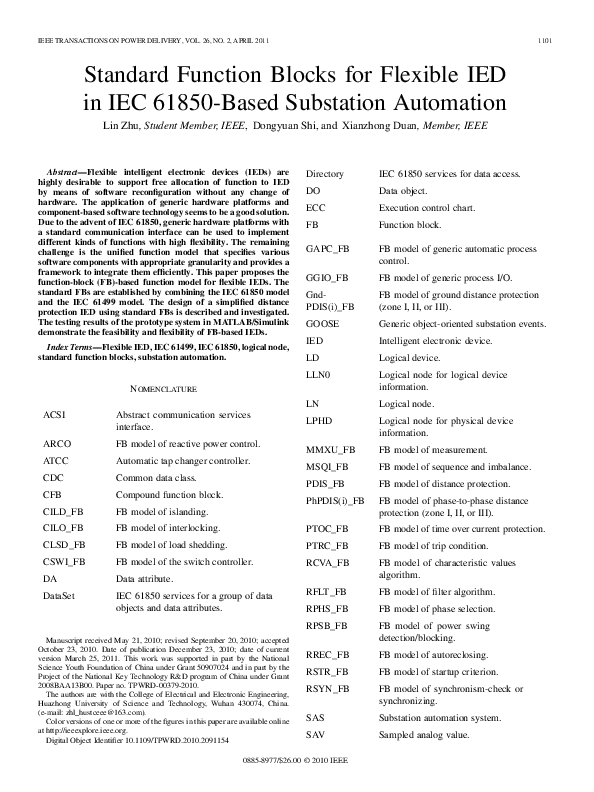 Pdf Standard Function Blocks For Flexible Ied In Iec 61850 Based