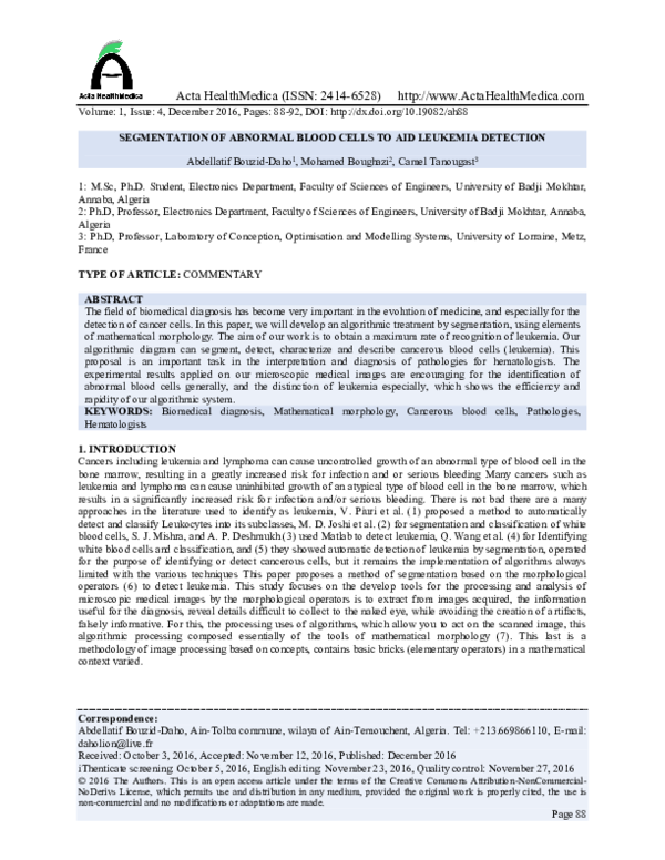 (PDF) Segmentation of Abnormal Blood Cells to Aid Leukemia Detection