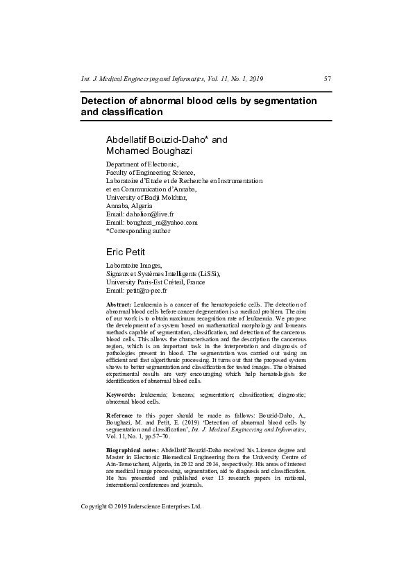(PDF) Detection of abnormal blood cells by segmentation and classification (PDF) Detection of abnormal blood cells by segmentation and classification
