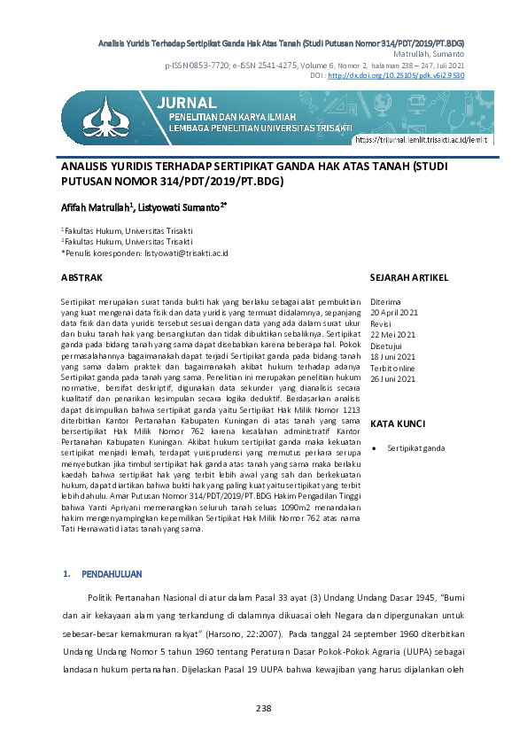 (PDF) Analisis Yuridis Terhadap Sertipikat Ganda Hak Atas Tanah (Studi ...