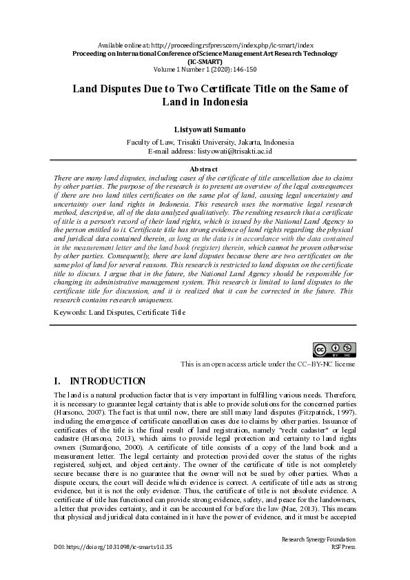 (PDF) Land Disputes Due to Two Certificate Title on the Same of Land in ...