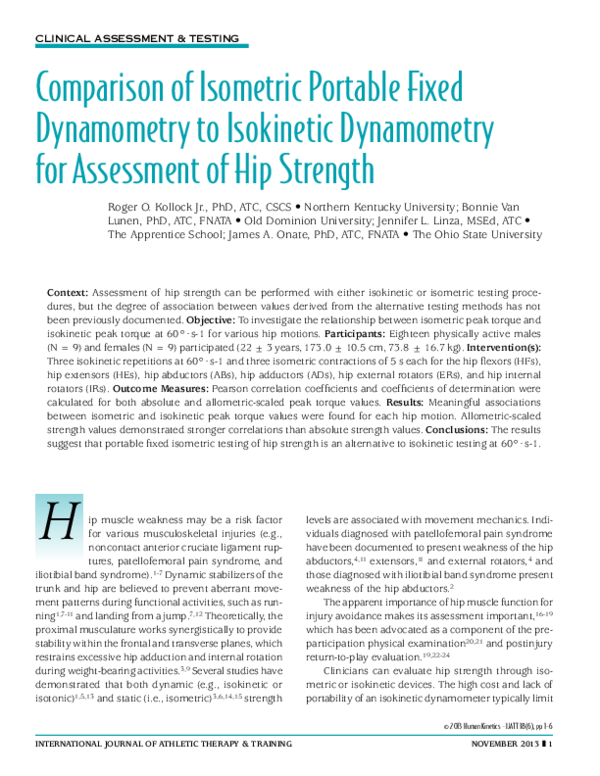 Pdf Comparison Of Isometric Portable Fixed Dynamometry To Isokinetic Dynamometry For