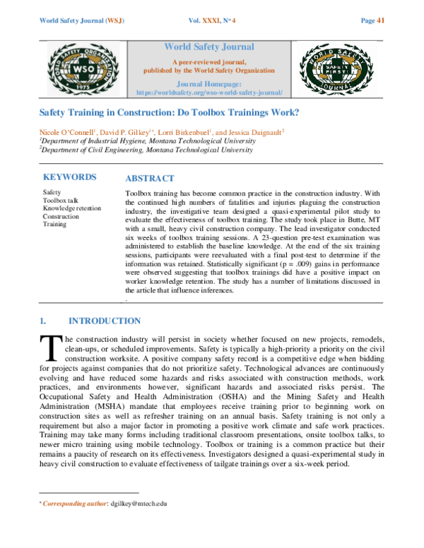 (PDF) Safety Training in Construction: Do Toolbox Trainings Work?