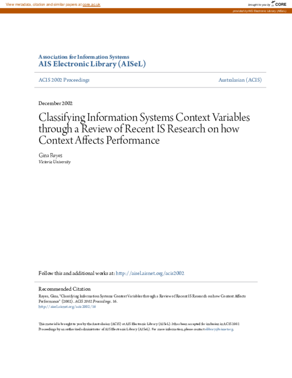 Pdf Classifying Information Systems Context Variables Through A Review Of Recent Is Research 