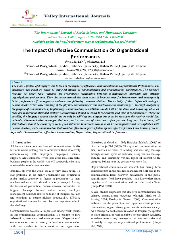 (PDF) The Impact Of Effective Communication On Organizational Performance