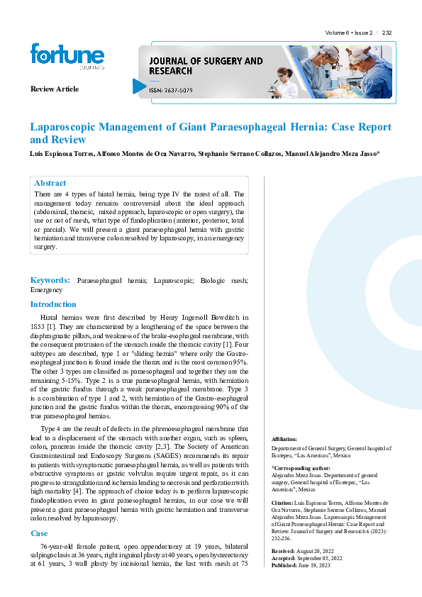 Pdf Laparoscopic Management Of Giant Paraesophageal Hernia Case