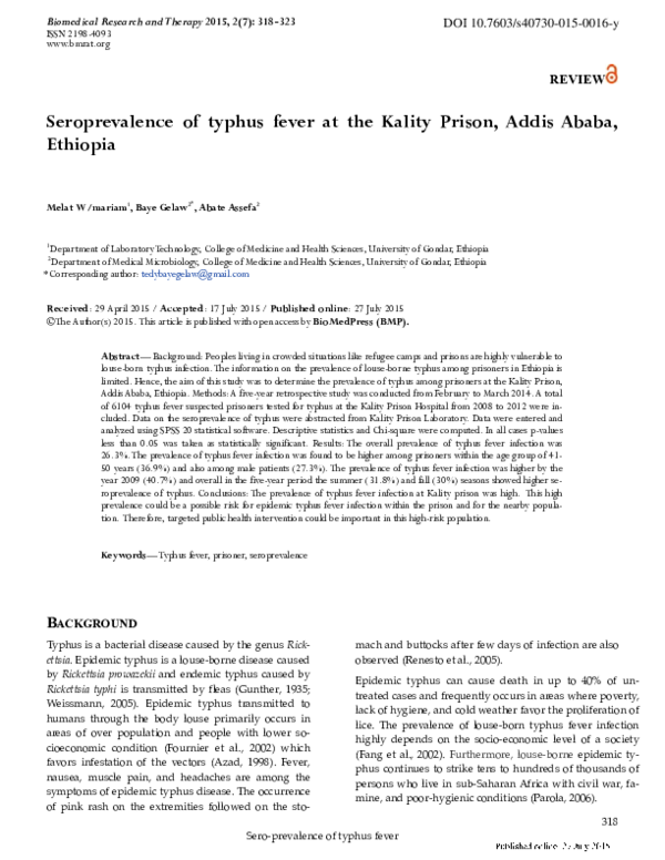(PDF) Seroprevalence of typhus fever at the Kality Prison, Addis Ababa ...