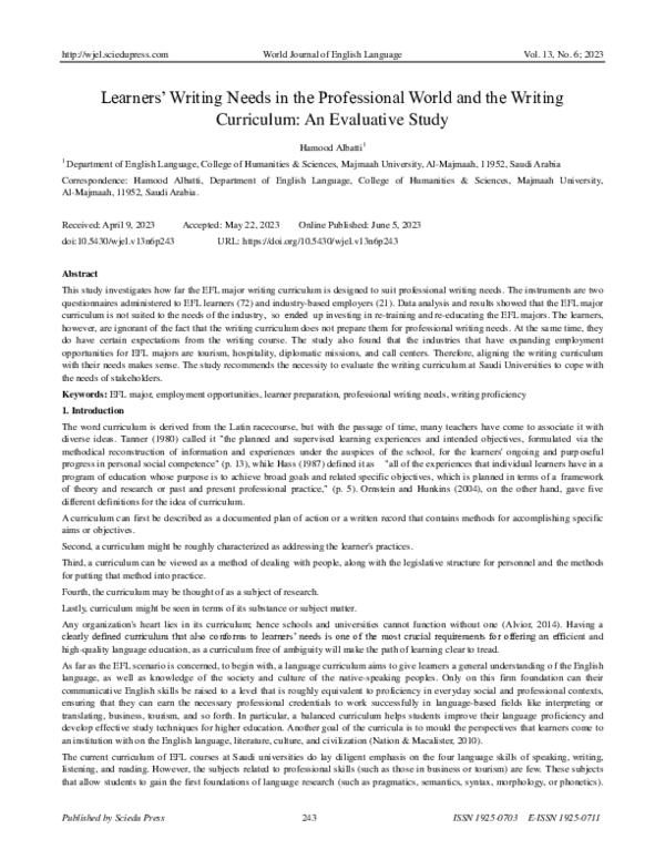 (PDF) Learners' Writing Needs in the Professional World and the Writing ...