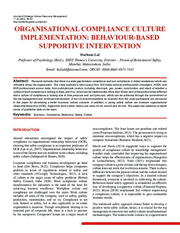 (PDF) Organisational Compliance Culture Implementation: Behaviour-Based Supportive Intervention