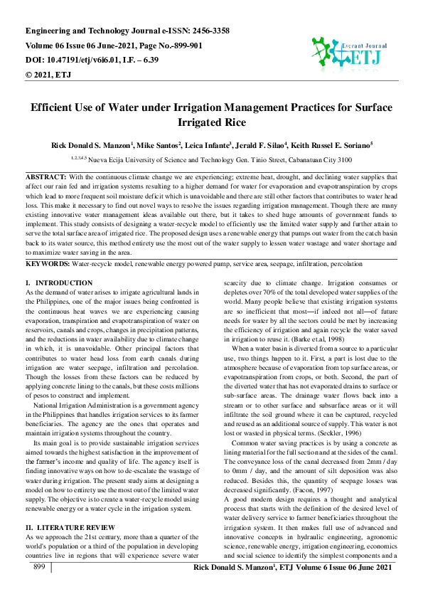 (PDF) Efficient Use of Water under Irrigation Management Practices for Surface Irrigated Rice