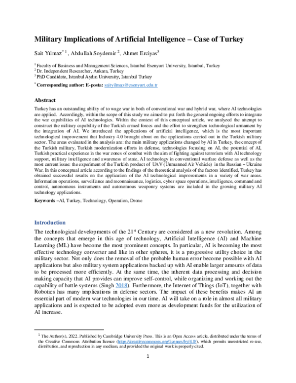 (PDF) Military Implications of Artificial Intelligence -Case of Turkey