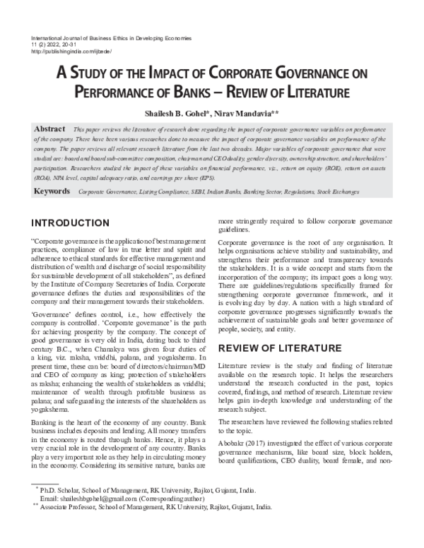(PDF) A Study of the Impact of Corporate Governance on Performance of Banks - Review of Literature