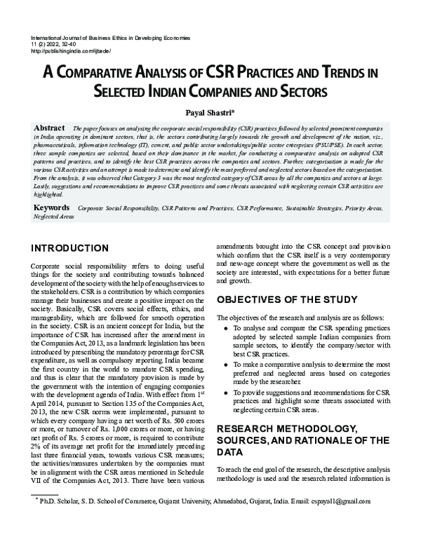 (PDF) A Comparative Analysis of CSR Practices and Trends in Selected Indian Companies and Sectors
