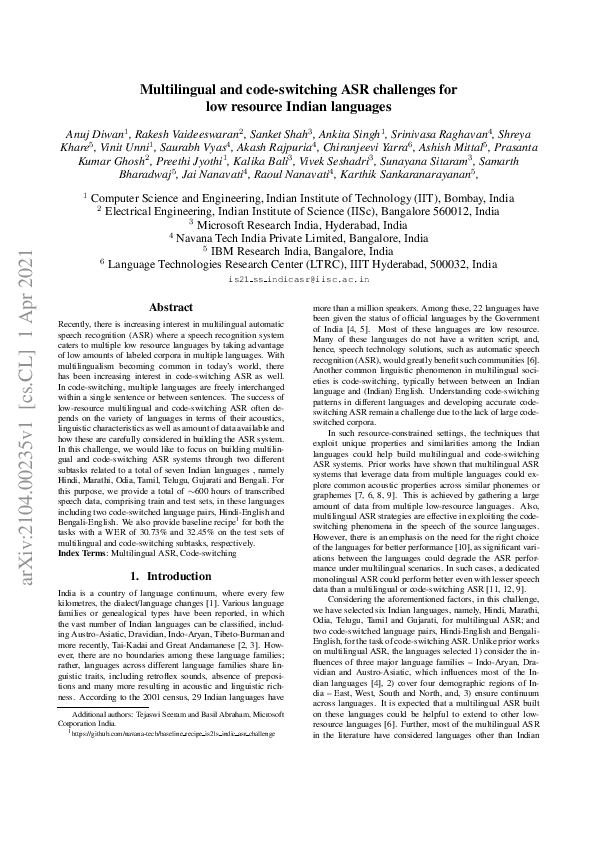 (PDF) MUCS 2021: Multilingual and Code-Switching ASR Challenges for Low Resource Indian Languages