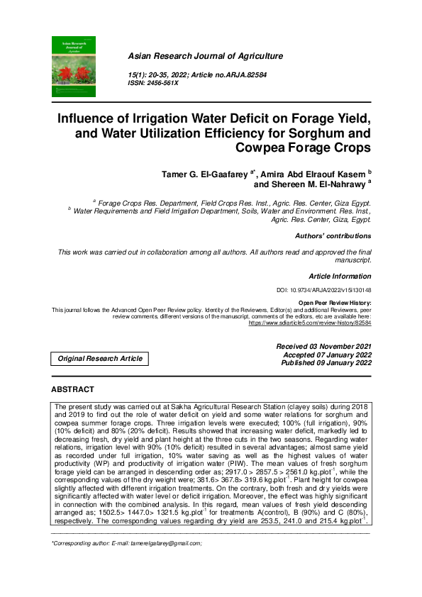 (PDF) Influence of Irrigation Water Deficit on Forage Yield, and Water ...