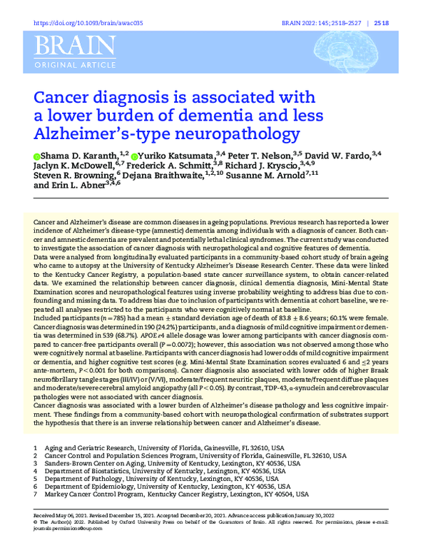 (PDF) Cancer diagnosis is associated with a lower burden of dementia ...