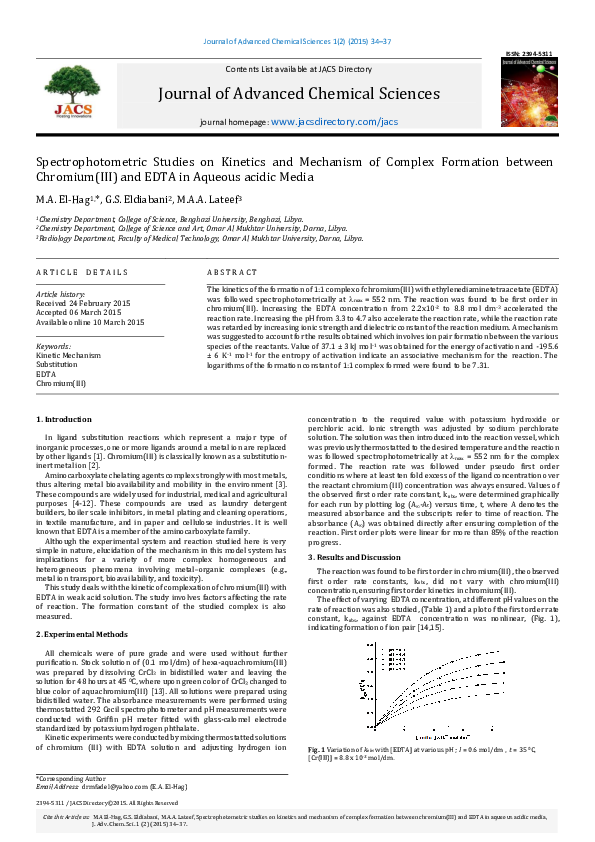 (PDF) Spectrophotometric Studies on Kinetics and Mechanism of Complex ...