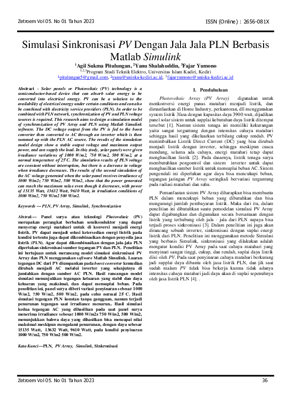 (PDF) Simulasi Sinkronisasi Pv Dengan Jala Jala PLN Berbasis Matlab ...