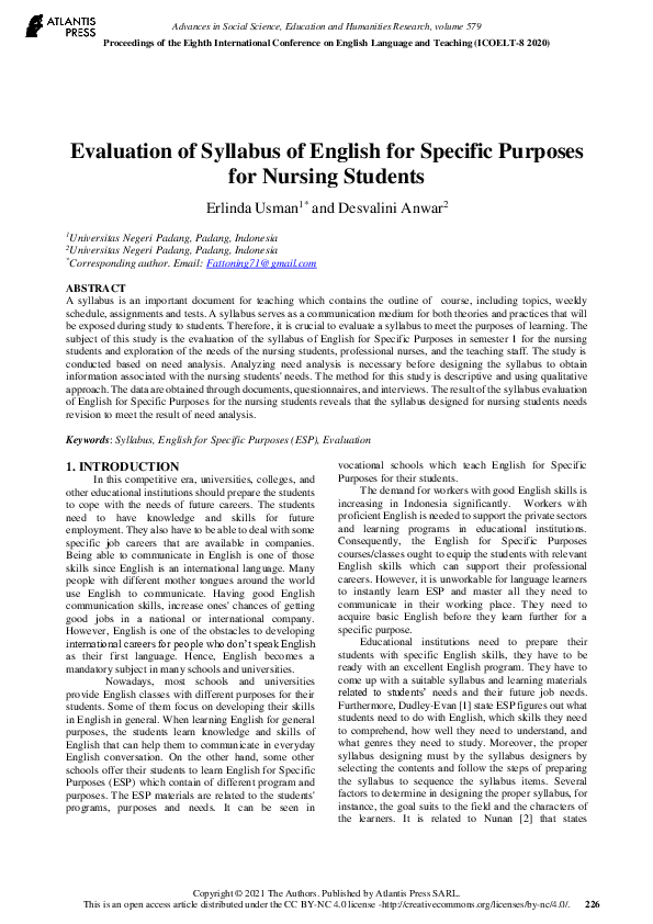 (PDF) Evaluation of Syllabus of English for Specific Purposes for ...