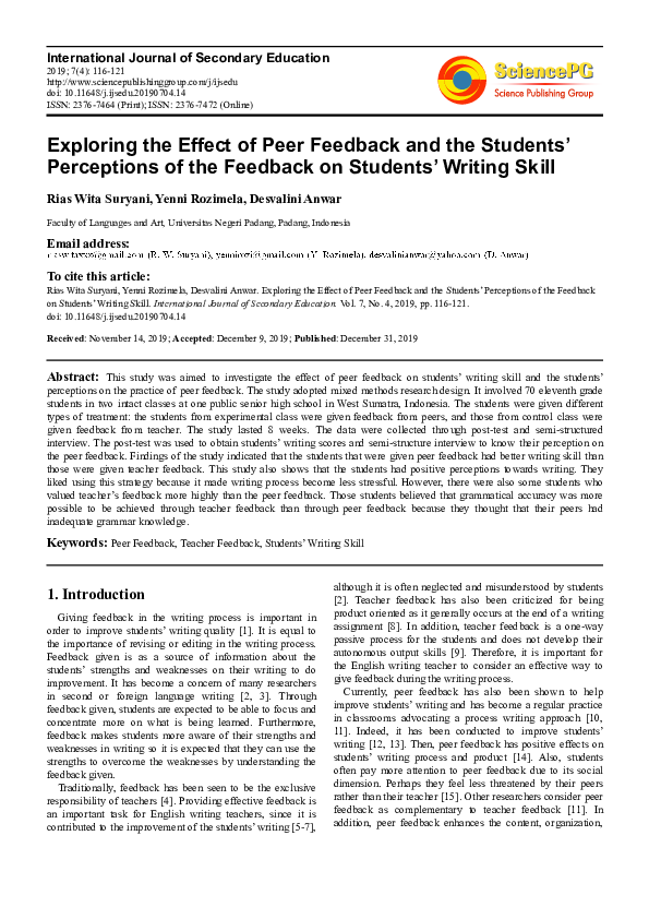 (PDF) Exploring the Effect of Peer Feedback and the Students ...