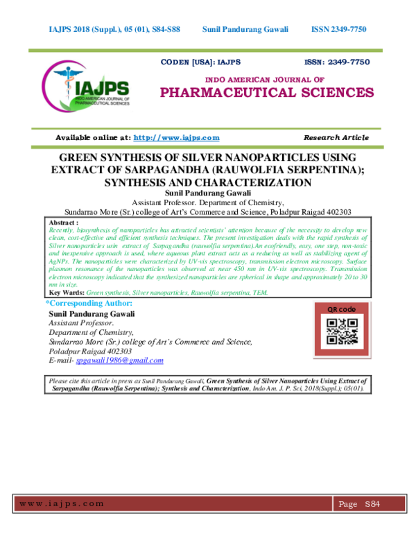 (PDF) Pharmaceutical Sciences Green Synthesis of Silver Nanoparticles Using Extract of ...
