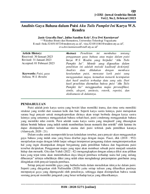 (PDF) Analisis Gaya Bahasa dalam Puisi Aku Tulis Pamplet Ini Karya W.S. Rendra | Eva Dwi ...