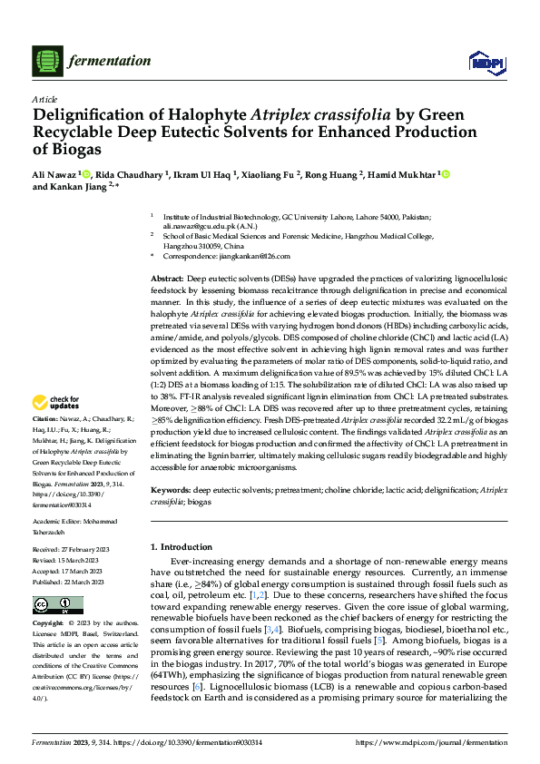 Delignification of Halophyte Atriplex crassifolia by Green Recyclable ...